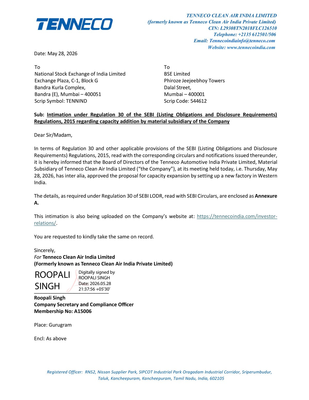 Tenneco Clean Air India Ltd / Investor Feed