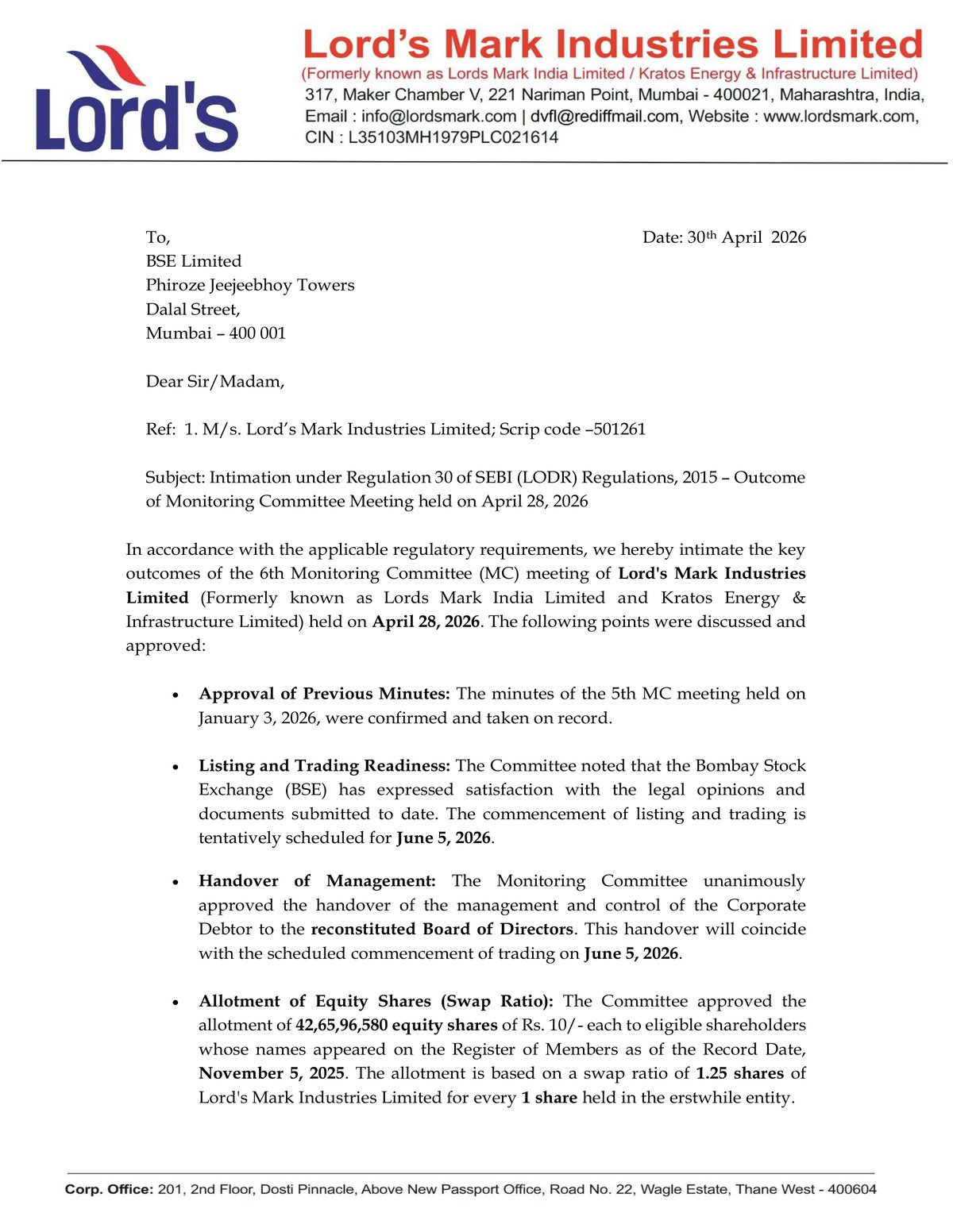 Lords Mark Industries Ltd / Investor Feed