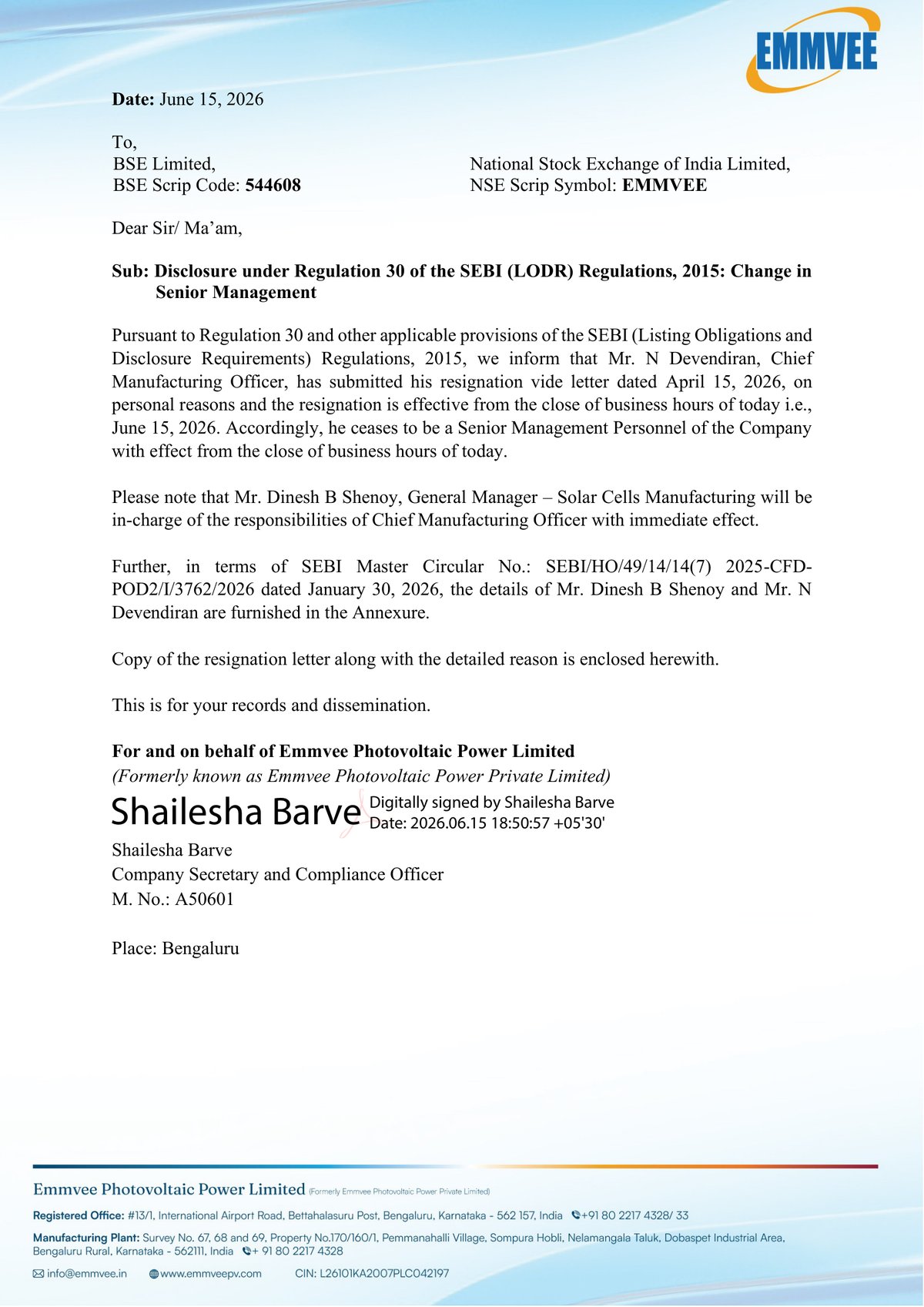 Emmvee Photovoltaic Power Ltd / Investor Feed